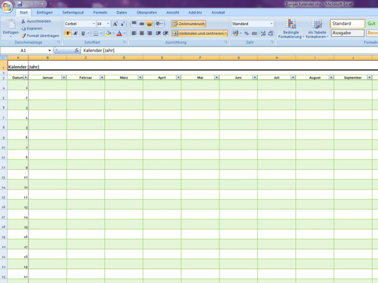 Ewiger Kalender Excel Vorlage kostenlos downloaden